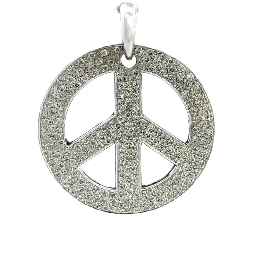14 Diamond Peace Sign Large Round White Gold Pendant … - Gem