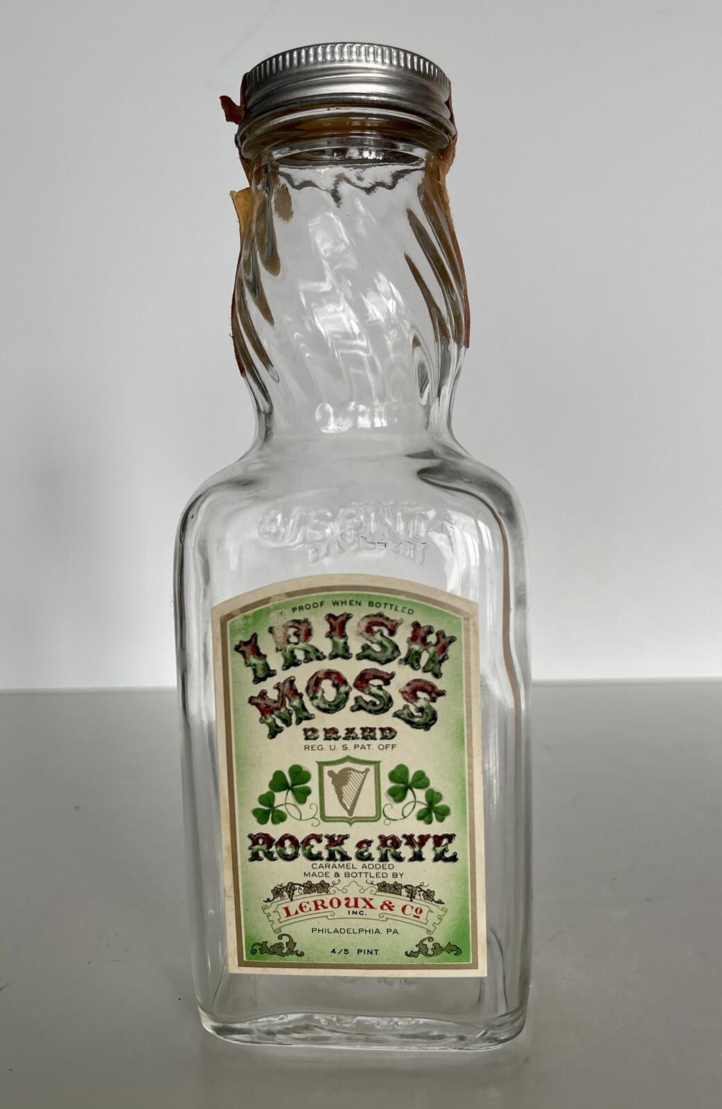 Vintage 1950s Irish Moss Brand ~ Rock & Rye, Leroux & Co ~ Glass Bottle ...
