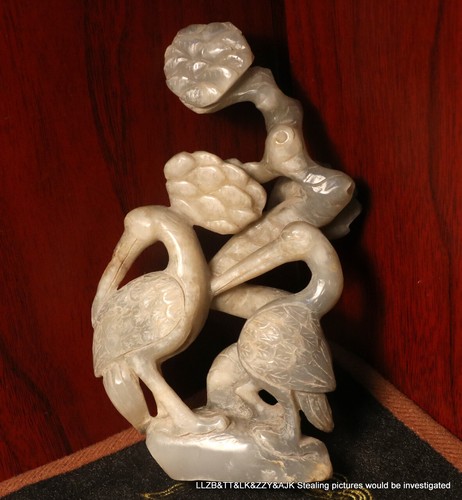 Chinese Antique Old Jade Crane Pie Tree With Symbol Prolong Life Totem ...