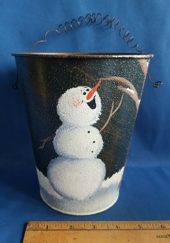 Painted Snowmen on Metal Pail With Spiral Wire Handle | eBay