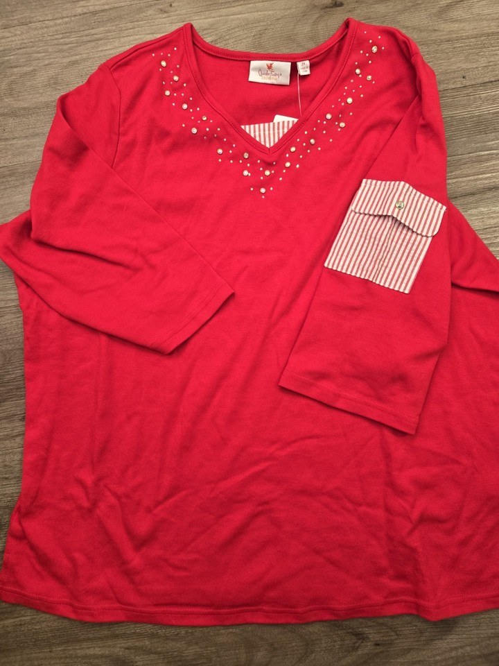 NWT Quacker Factory 2X Red Shirt With Striped Pocket On Sleeve | eBay