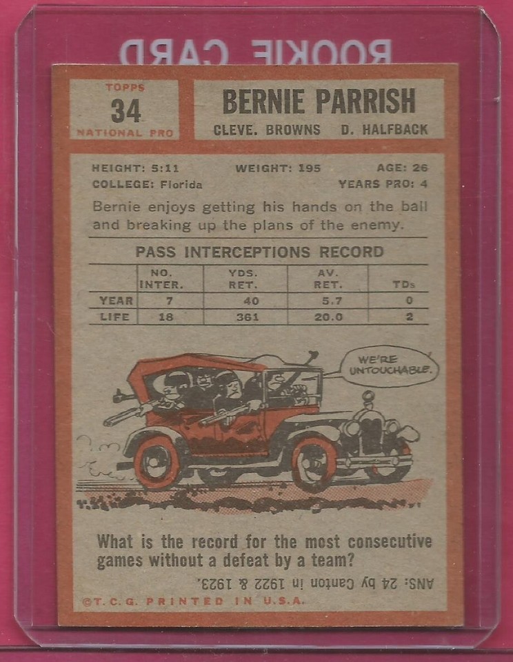 1962 TOPPS FOOTBALL (EX-MT) # 34 BERNIE PARRISH R/C - CLEVELAND BROWNS ...