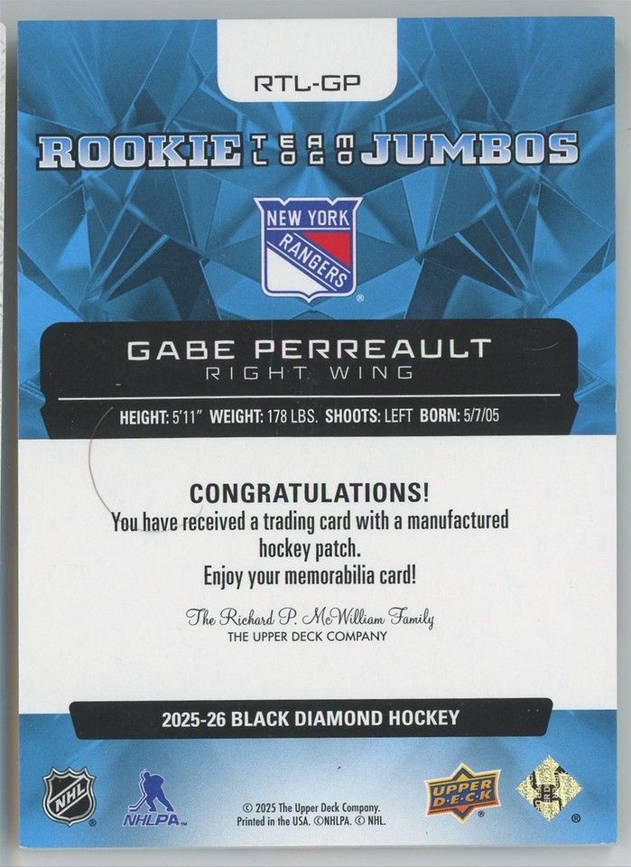 2025-26 Upper Deck Black Diamond Team Logo Rookies Gabe Perreault RC # ...