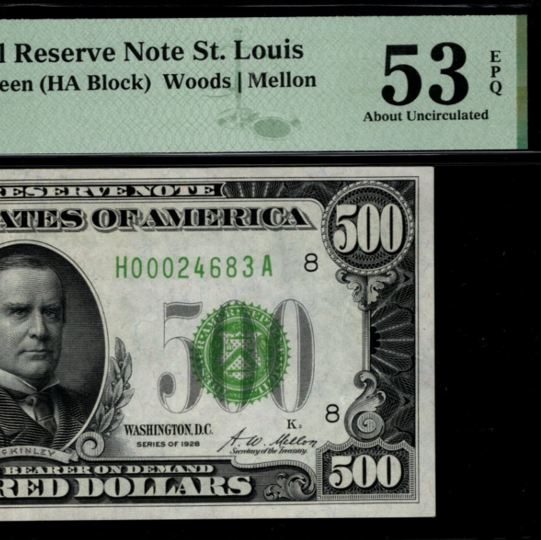 Five Hundred Dollar Federal Reserve Note PMG 53 EPQ FR 2200H DGS 1928 ...