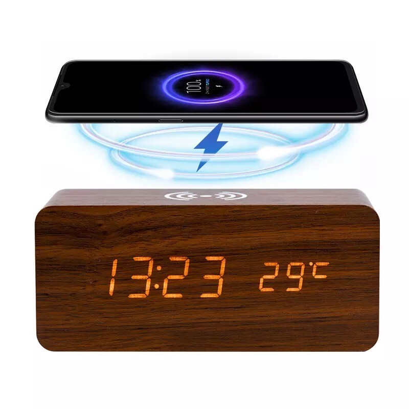 LED Wooden Digital Bedside Alarm Clock Qi Wireless Charging USB Battery ...