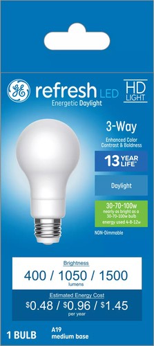 GE refresh LED A19 3-way Light Bulb, Energetic Daylight 5000K, 30-70 ...