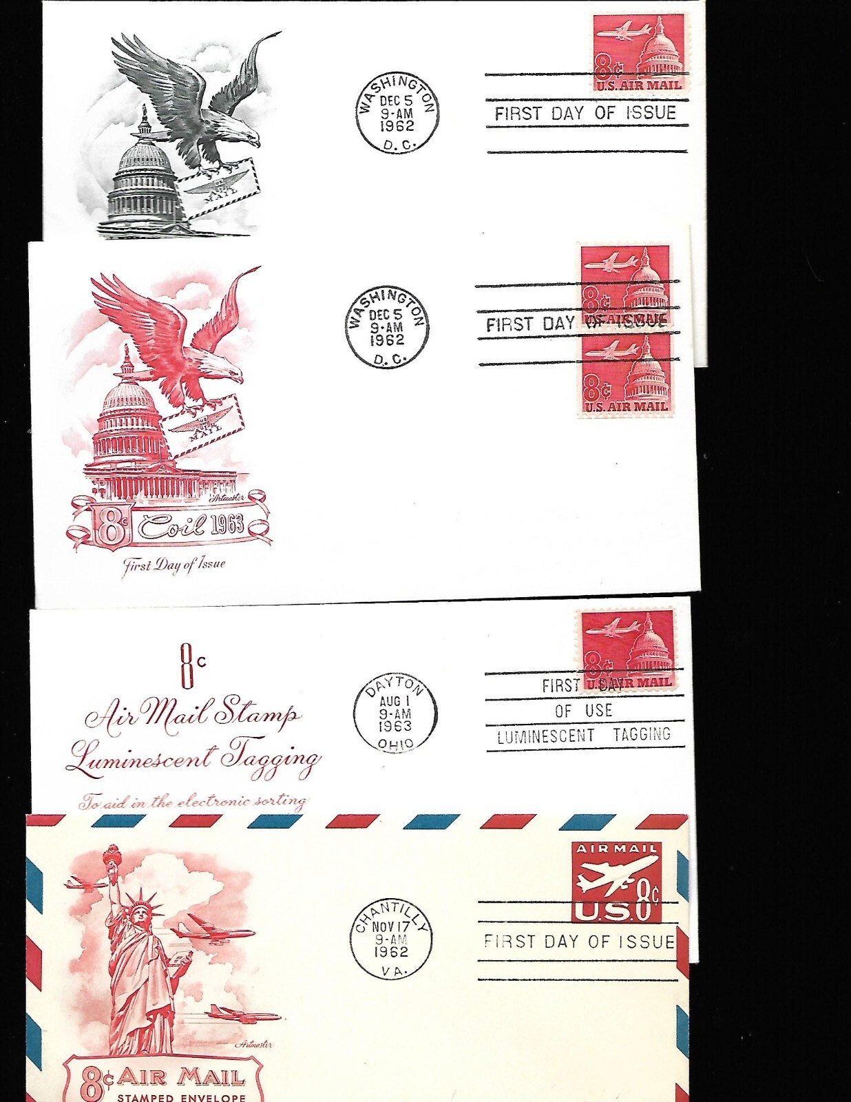 Lot of 8 Cents Airmail First Day Covers- Single, Coil, Luminescent ...