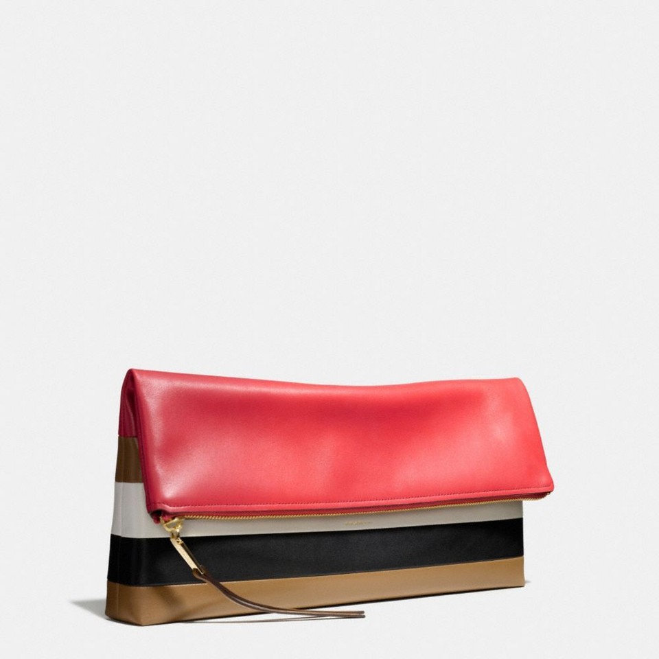 NWT Coach Large Clutchable in Bar Stripe Leather F30361 Gold Vermillion ...