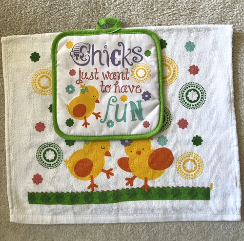 CHICKS JUST WANT TO HAVE FUN Tea Towel and Potholder Cyndi Lauper BRAND ...