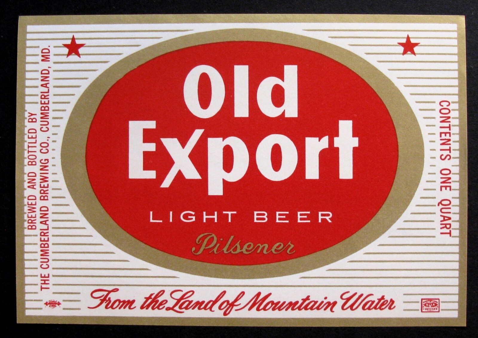 Cumberland Brewing OLD EXPORT LIGHT BEER - PILSENER beer label MD 32oz ...