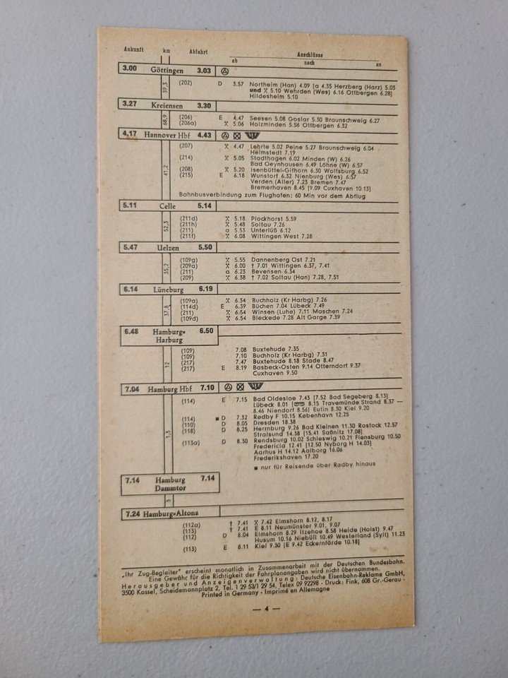 Deutsche Bahn D275 Ventimiglia - Hamburg Altona Timetable (1966) | eBay