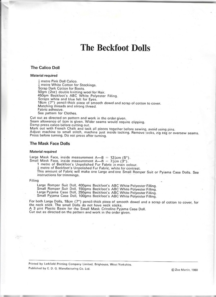 Beckfoot Mill Soft Toy Pattern The Beckfoot Dolls 24" to 12" Calico ...