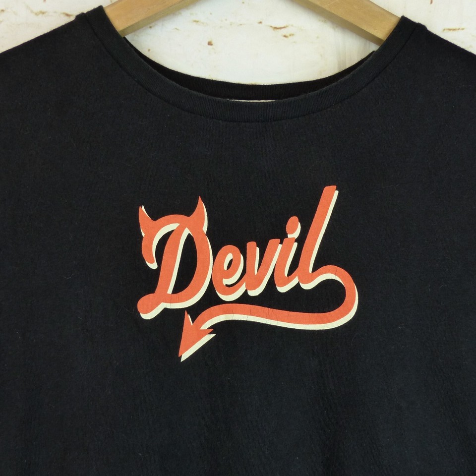 Y2K Devil T-shirt Womens XL Black Spellout Horns Cap Sleeve Old Navy ...