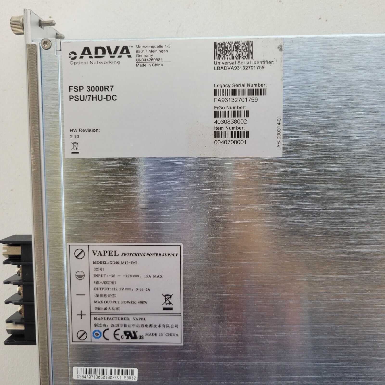 ADVA PSU/7HU-DC FSP 3000R7 SWITCHING POWER SUPPLY USED. | eBay