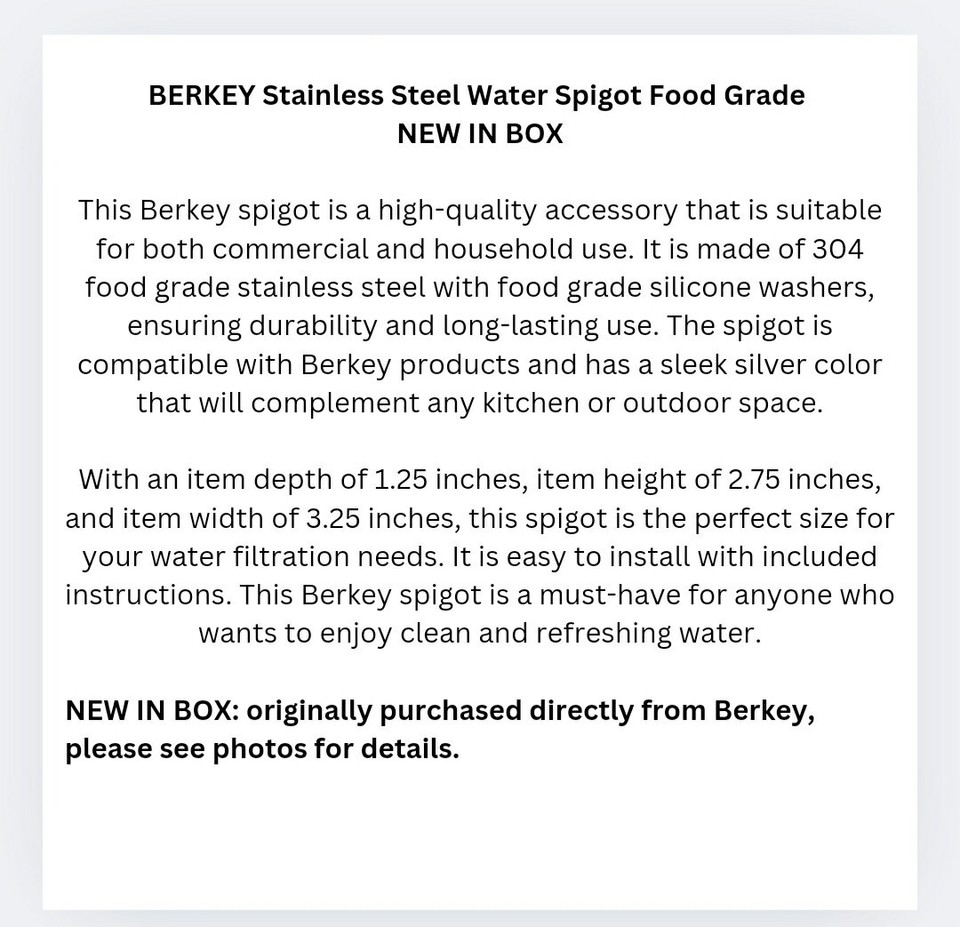 Stainless Steel Spigot Food Grade Fits All BERKEY Water Filters NEW IN ...