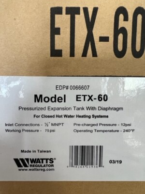 WATTS ETX-60 Etx60 1/2" MNPT Pressurized Expansion Tank w/Diaphragm NEW ...
