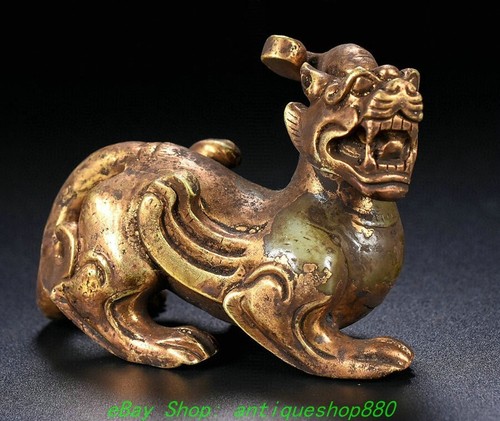 4.1'' Old Han Dynasty Hetian Jade Gold PiXiu Phylactery Guardian Beast ...