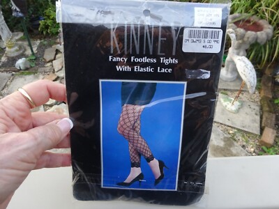 KINNEY Fancy Fishnet Leggings Footless w Lace BLACK one size fits 5'6 ...