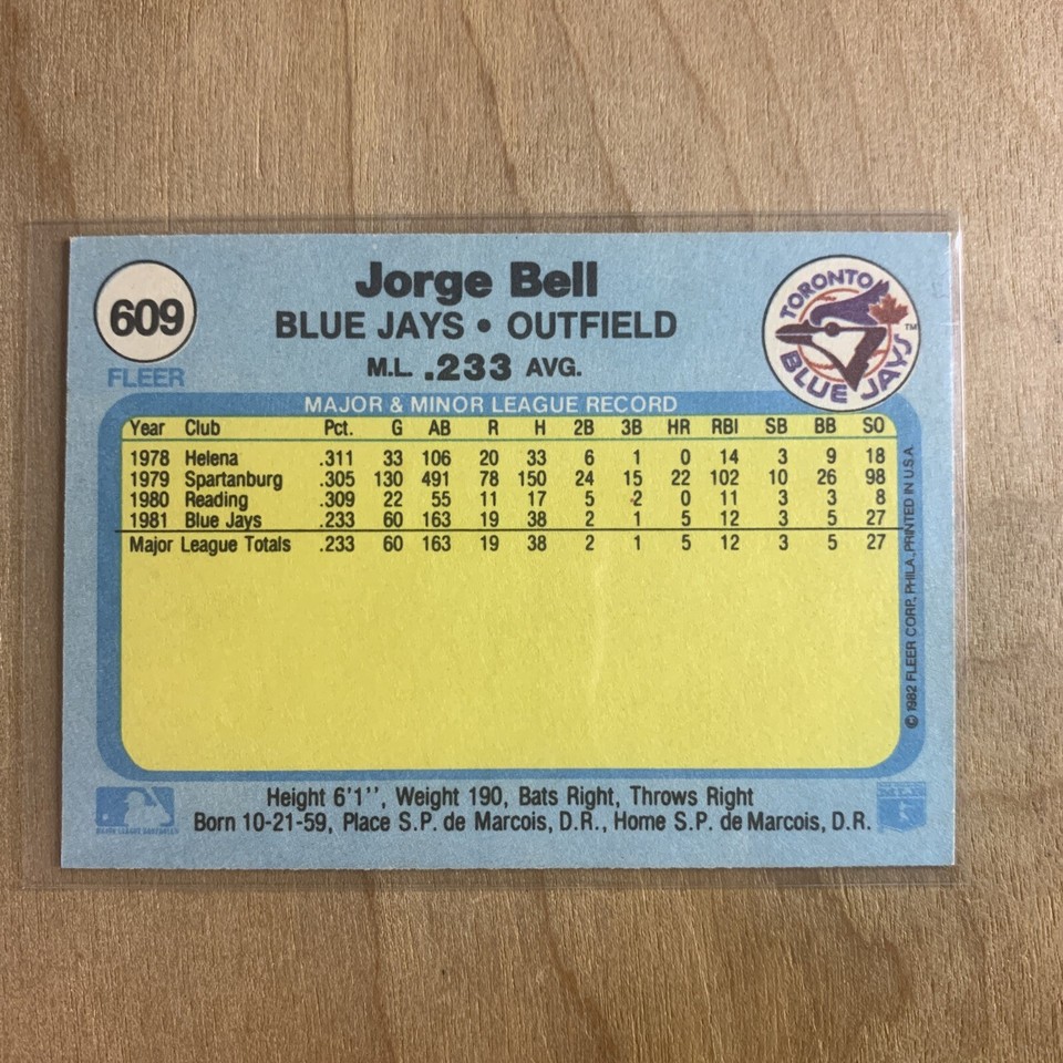 1982 Fleer George Bell Jorge #609 Rookie Blue Jays Baseball Card | eBay