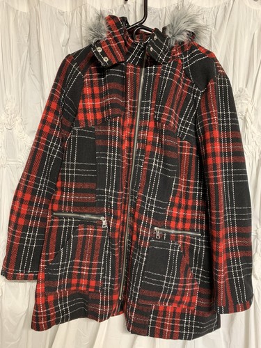 Metaphor Black Red Wool Blend Front Zip Pea Coat Jacket + Hood | eBay