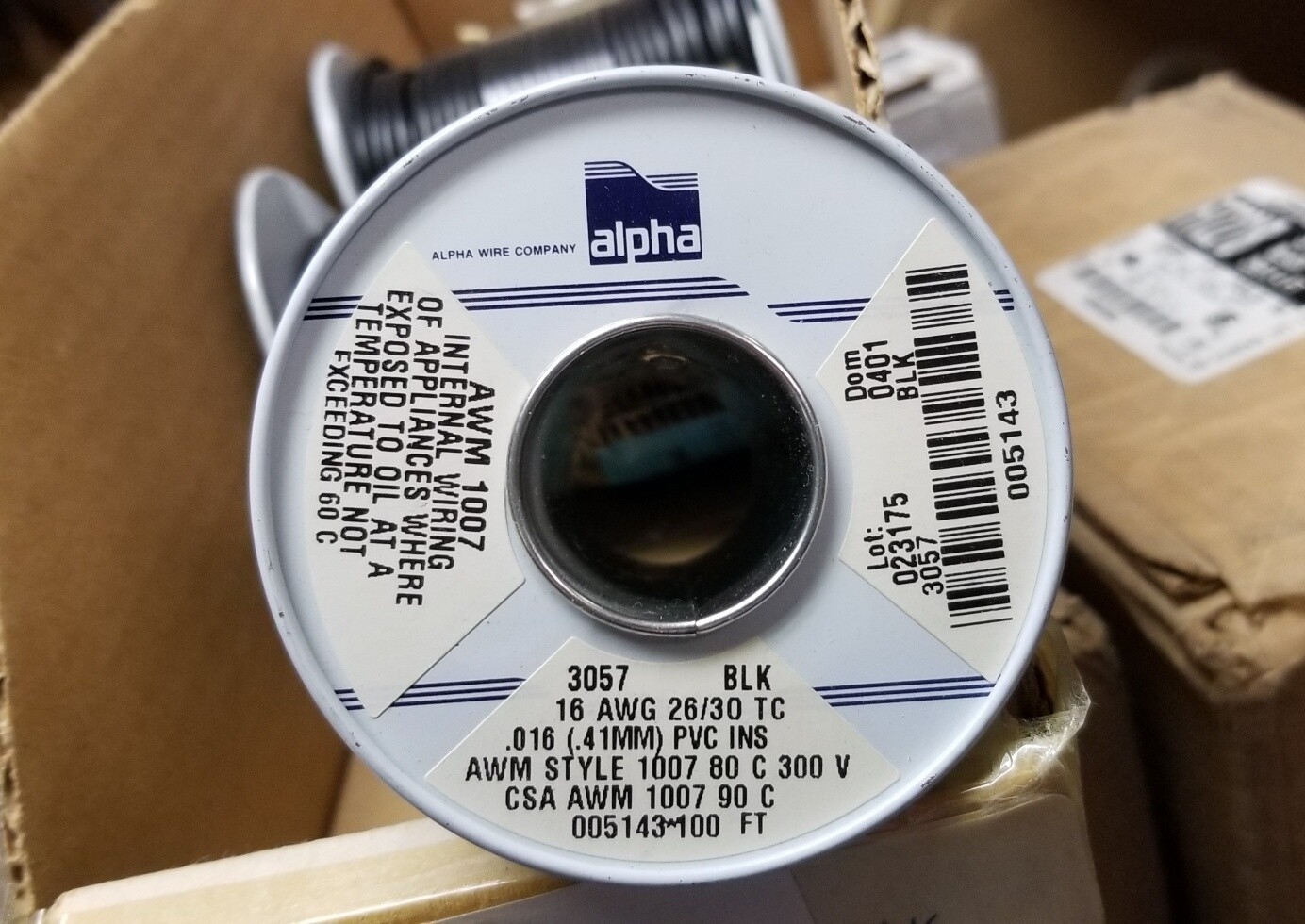 ALPHA WIRE AWM 1007 16 AWG 26/30 TC 3057 Black Hook Wire -100' spool ...