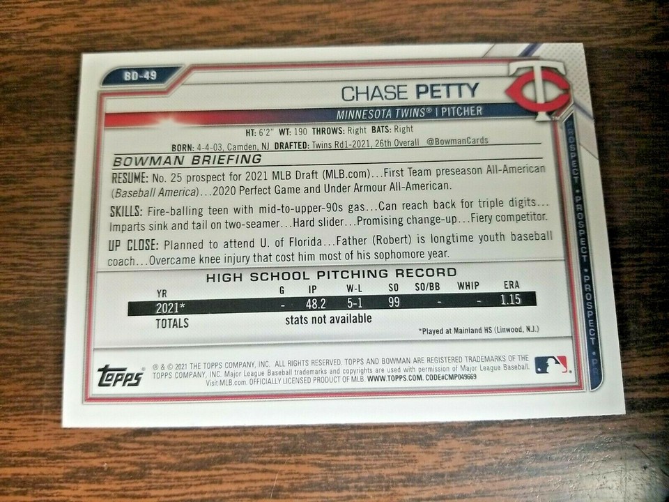 CHASE PETTY 2021 1st BOWMAN DRAFT CARD BD-49 TWINS/REDS (FIRST ROOKIE ...