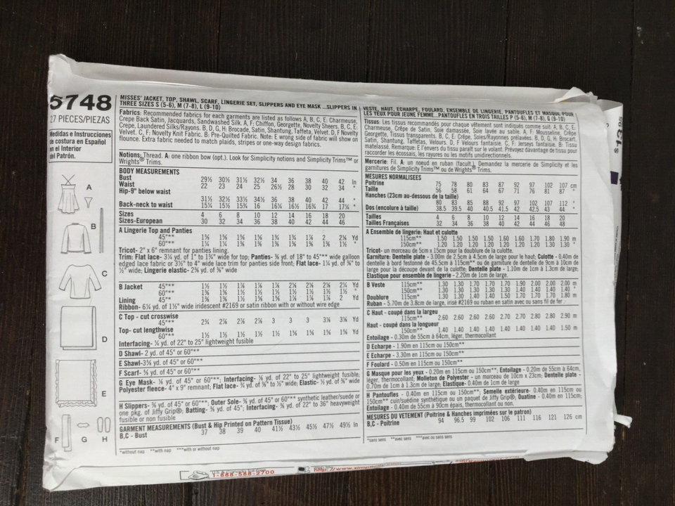 Simplicity 5748 Jacket Top Shawl Scarf Lingerie Set Slippers Eye Mask ...