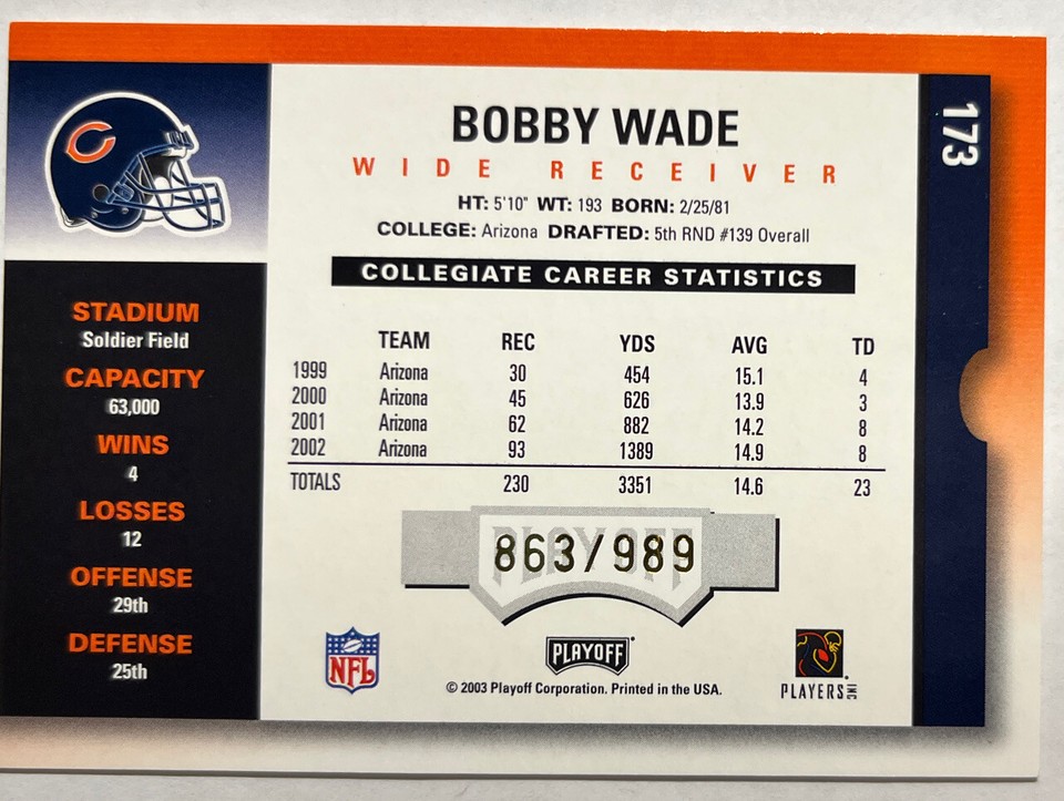 2003 Playoff Contenders #173 Bobby Wade 863/989 Rookie Auto Autograph ...