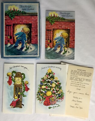 Vintage Box With 3 Christmas Cards Unused Tri-folded “Christmas Merries ...