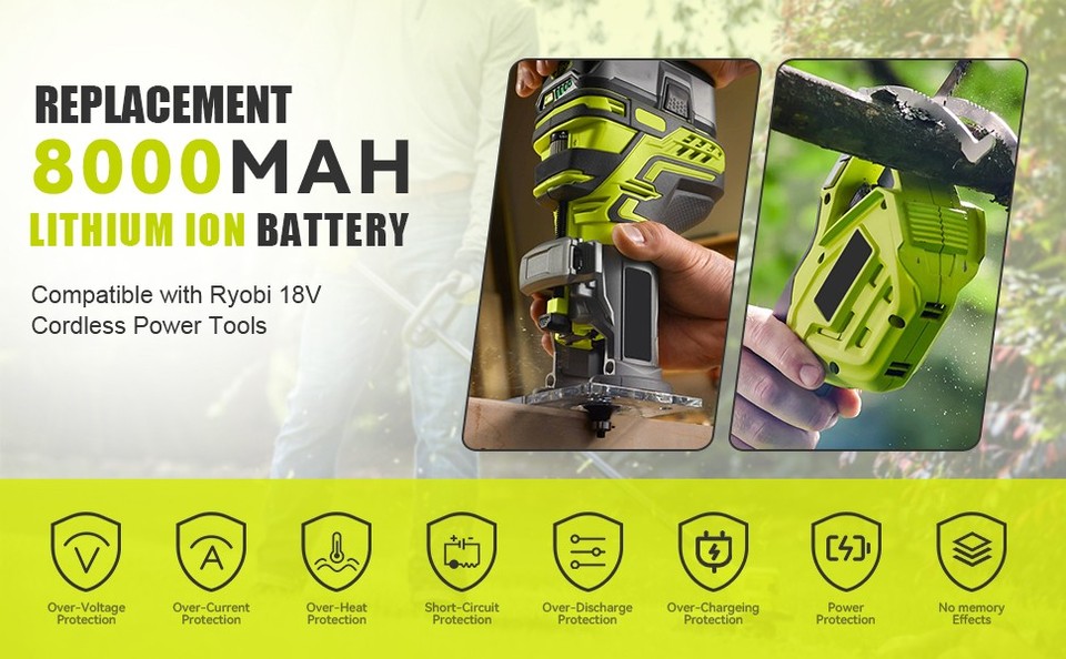 12Ah 8AH 18V Battery For Ryobi One Plus P108 Li-ion RB18L50 RB18L40 ...
