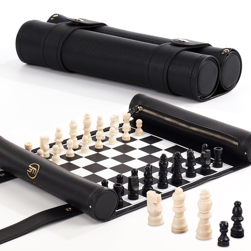 Roll Up Chess Set - 11 Foldable Leather Chess Mat with Wooden Chess ...