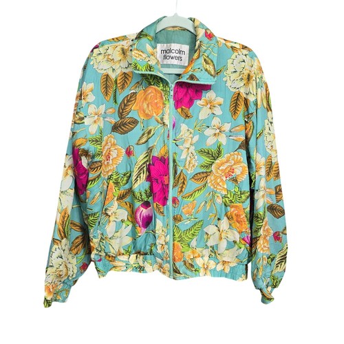 90s Malcom Flowers Women Jacket Medium Green Floral Pop Art Baroque ...