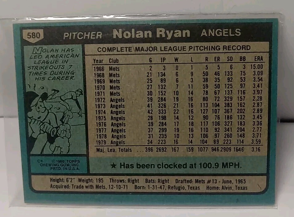 1980 Topps Nolan Ryan A.L. All Star #580 Angels | eBay