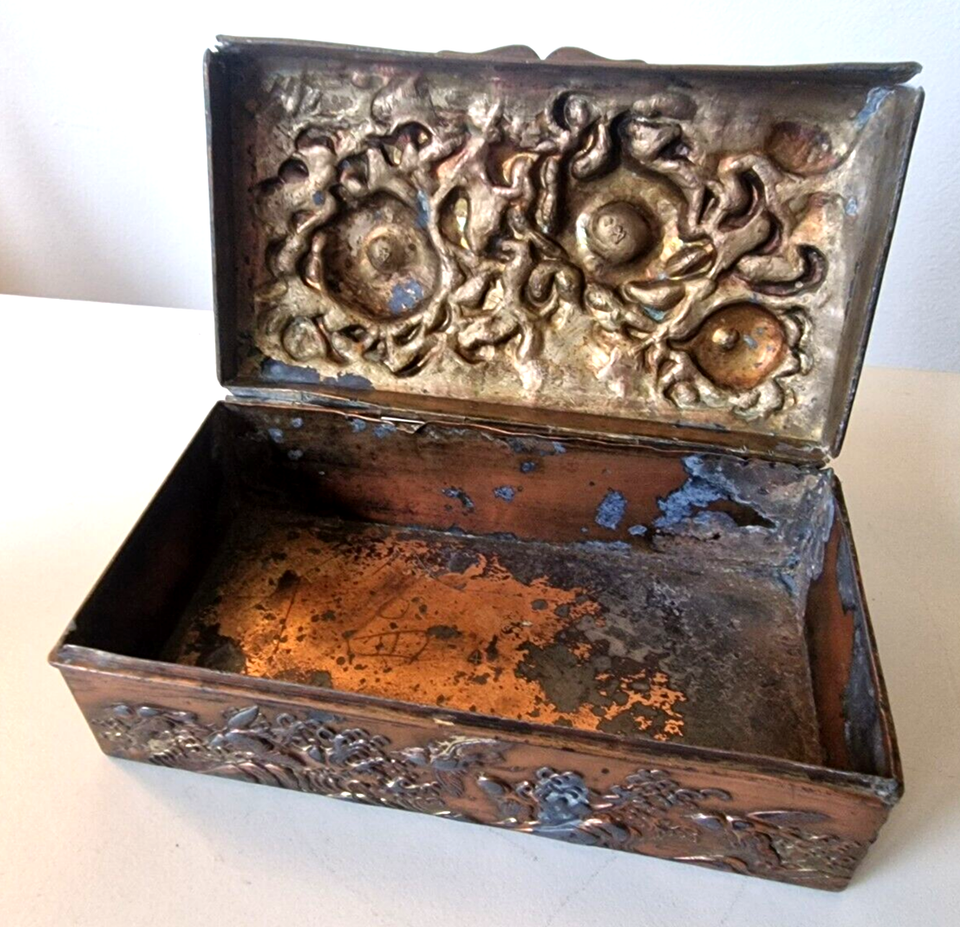 Antique Japanese Antimony Box Early 1900s Crysthanemums Birds Metal ...