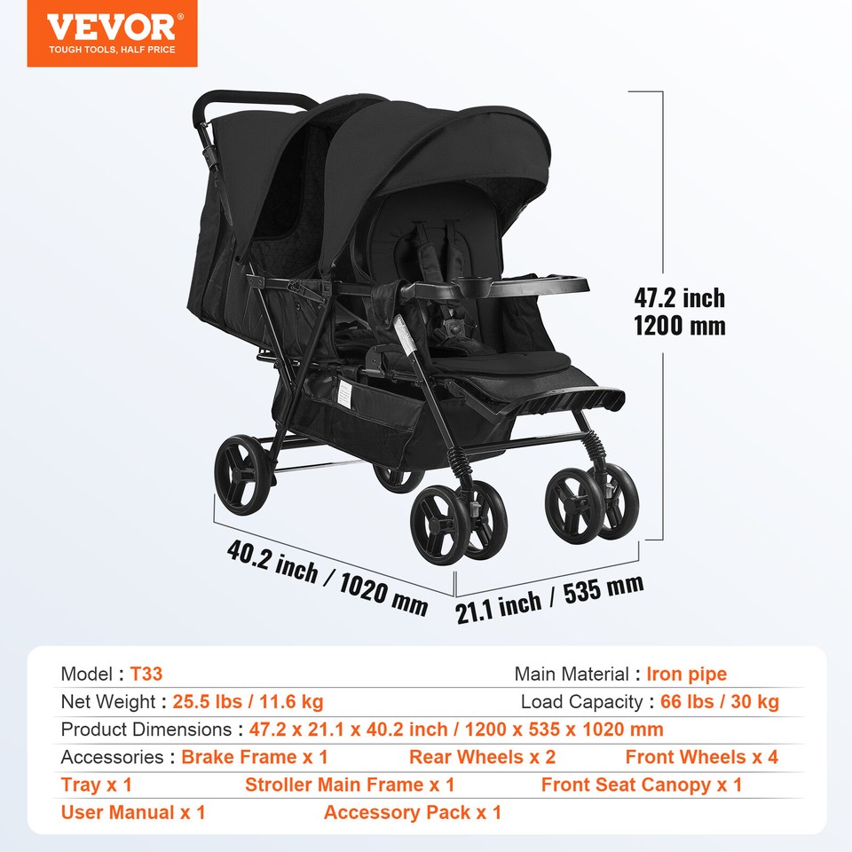 VEVOR Foldable Double Stroller Baby Travel Stroller for 2 Kids w ...