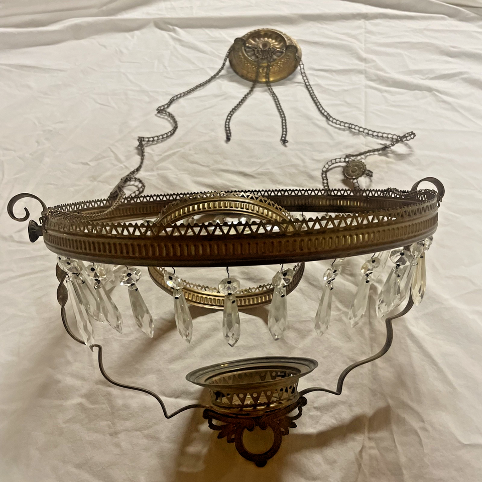 Antique Victorian Brass Hanging Oil Lamp Frame with Crystal Prisms | eBay