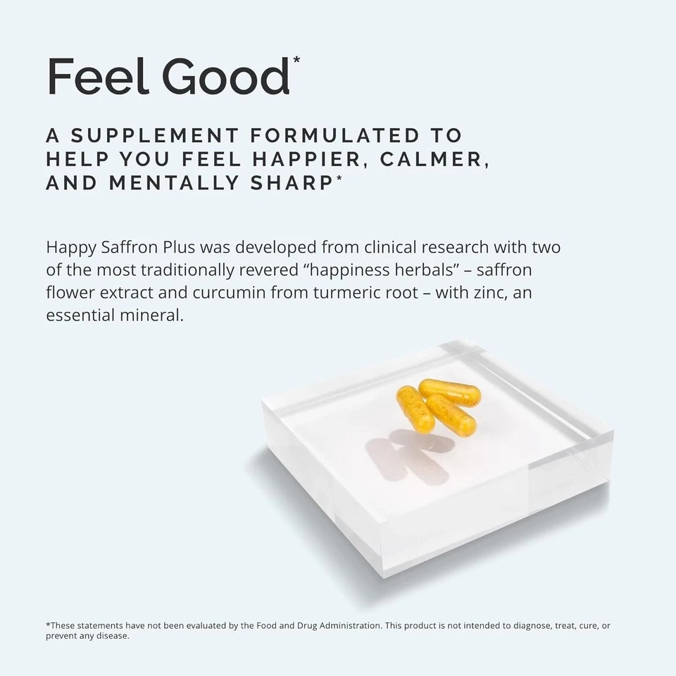 Happy Saffron Plus, 90 Vegan Capsules with Saffron Extract, Curcumin ...