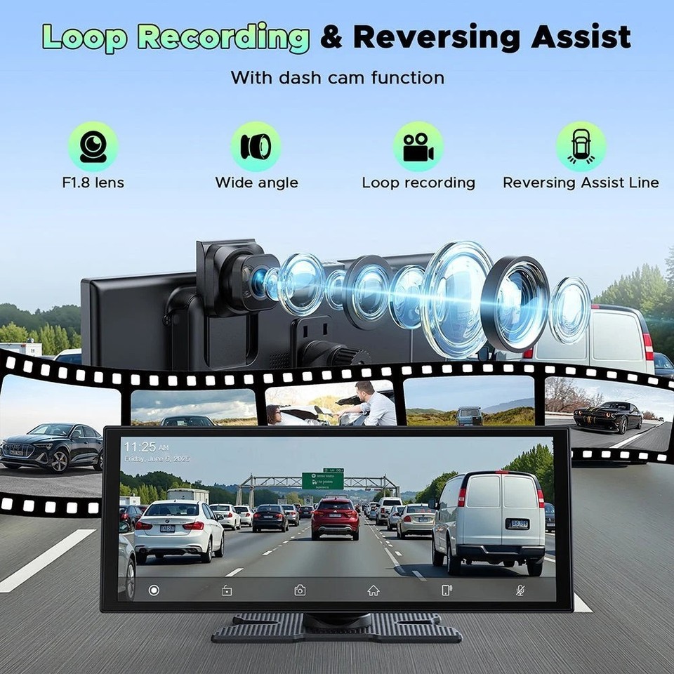 11.26" Car Dash Cam Portable Wireless CarPlay Android Auto Touch Screen ...