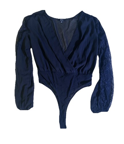 Privy Long Sleeve Black Sheer Lace Plunge V-neck Bodysuit Top Blouse ...