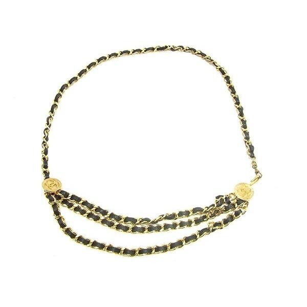 CHANEL BELT AUTH Coco chain CC Gold Medal Coin 91cm Vintage Leather ...