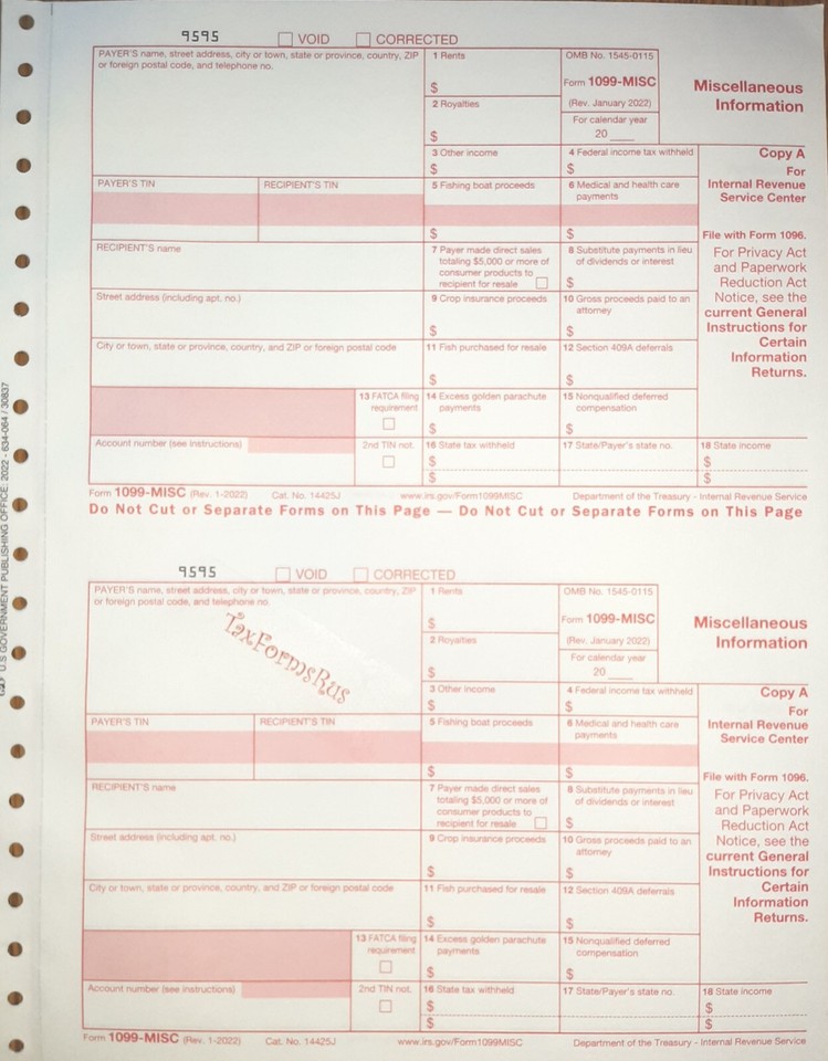 2022 IRS Tax Form 1099-MISC Carbonless for 24 recipients + (3) 1096 ...