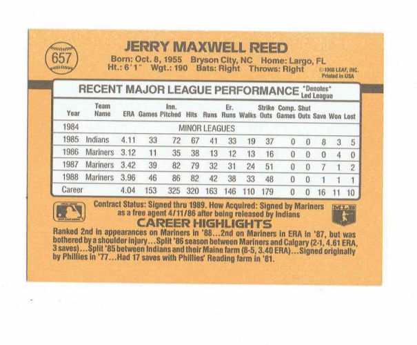 Jerry Reed Seattle Mariners Pitcher #657 Donruss 1989 #Baseball Card | eBay