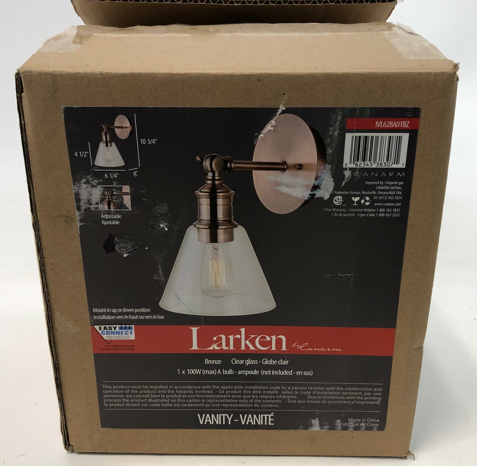 NEW NIB CANARM Larkin Bronze Single Sconce Flushmount Clear Glass Globe ...