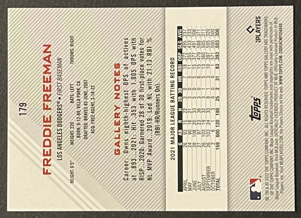 2022 Topps Gallery Baseball Freddie Freeman Base #179 Los Angeles ...