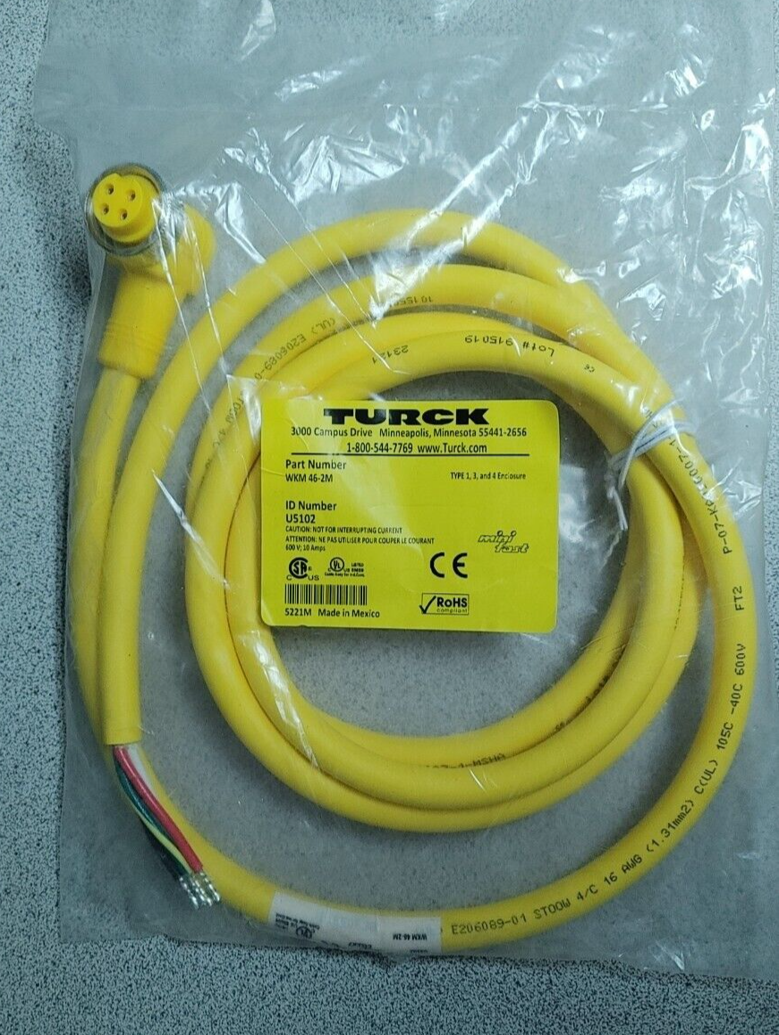 TURCK WKM 46-2M MINI 4 PIN FEMALE TO PIGTAIL CABLE 600V 10A NEW ...