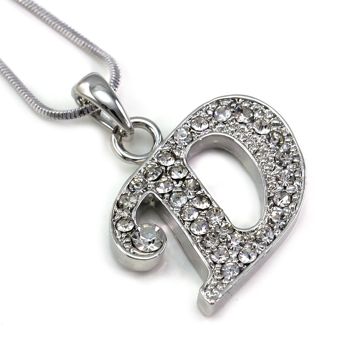 Initial D Necklace Chain Clear Stone Crystal Rhinestone Silver Tone ...