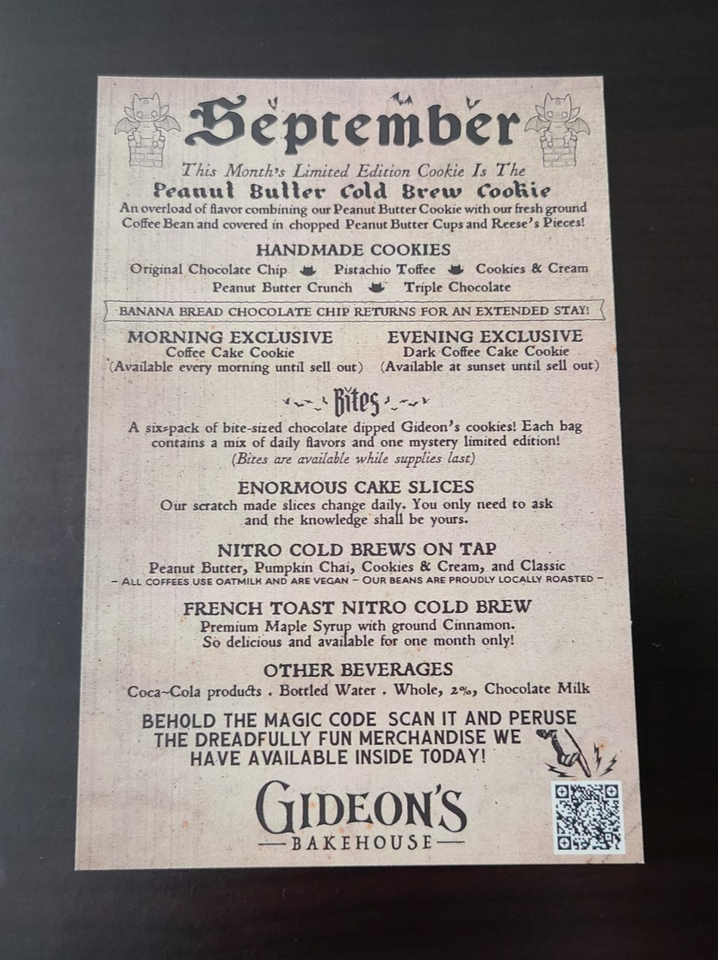 Gideons Bakehouse Disney Springs September 2022 Gargoyle Menu *Rare* | eBay