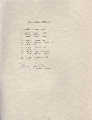 DENISE LEVERTOV HAND SIGNED TYPESCRIPT POEM “THE ACHE OF MARRIAGE ...