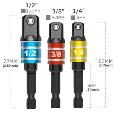 Socket Adapter Set Hex Shank to 1/4" 3/8" 1/2" Impact Driver Drill 3 ...
