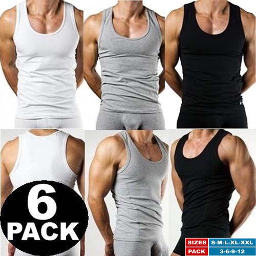 100% Pure Cotton Mens Boys 6 Pack Vests Gym Top Summer Training S M L ...